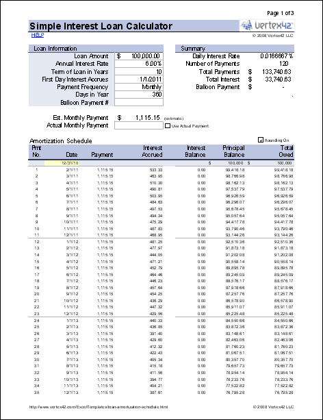 Free Simple Interest Loan Calculator For Mortgage And Amortization