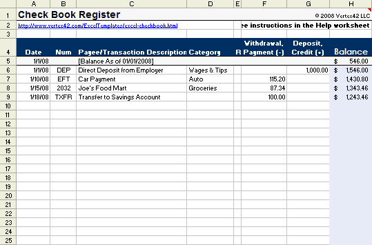 Free Excel Checkbook Register Printable