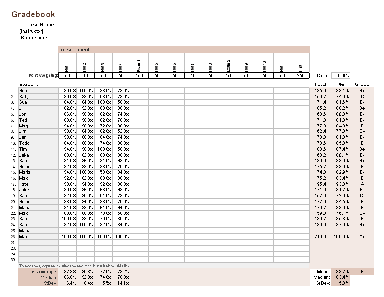 Gradebook Template For Excel Free Teacher Grade Book