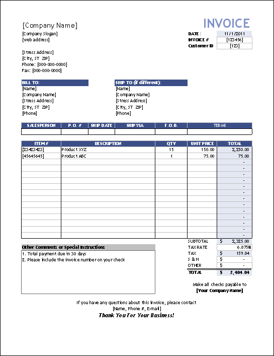 Sales Invoice Template For Excel